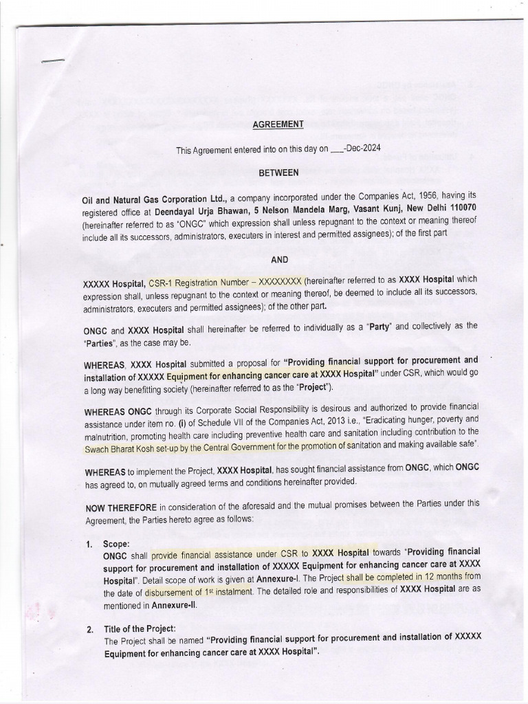 Format of Agreement Paper MOA ONGC | PDF