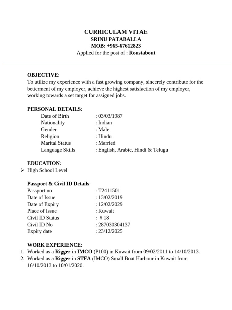 CV Srinu Roustabout | PDF