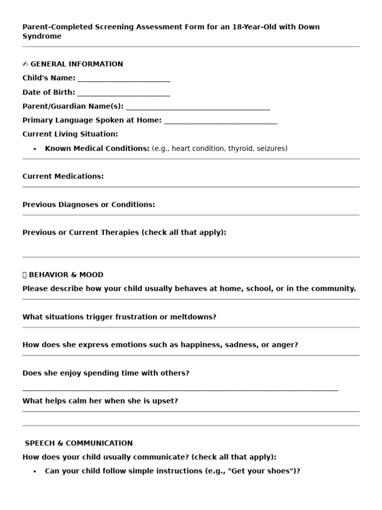 Down Syndrome Assessment Form for Parents | PDF | Psychology ...
