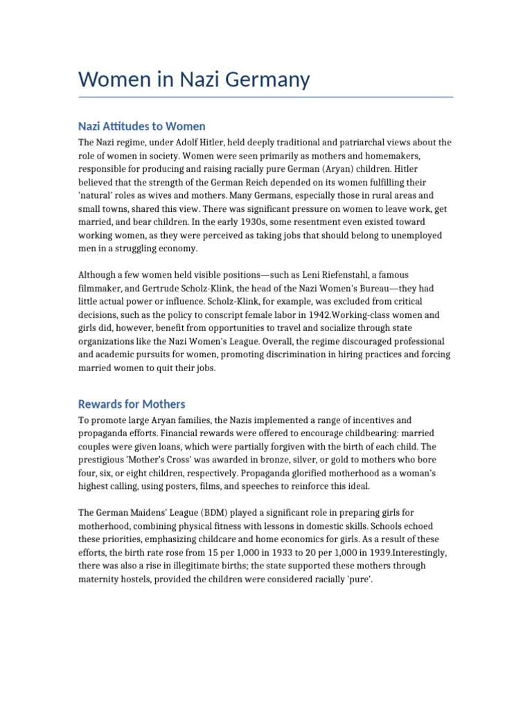 Women’s Roles in Nazi Germany | PDF | Nazi Germany | World War II