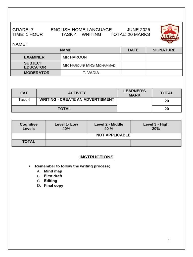 GRD 7 Eng Writing Task 4 2024 | PDF