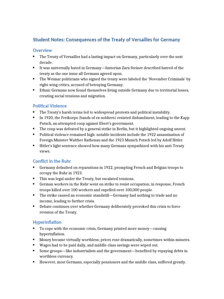 Consequences of Treaty of Versailles Student Notes | PDF | Weimar ...