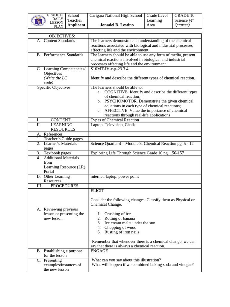 7es Chemical Reaction - JHS For Demo | PDF | Chemical Reactions | Chemical Compounds