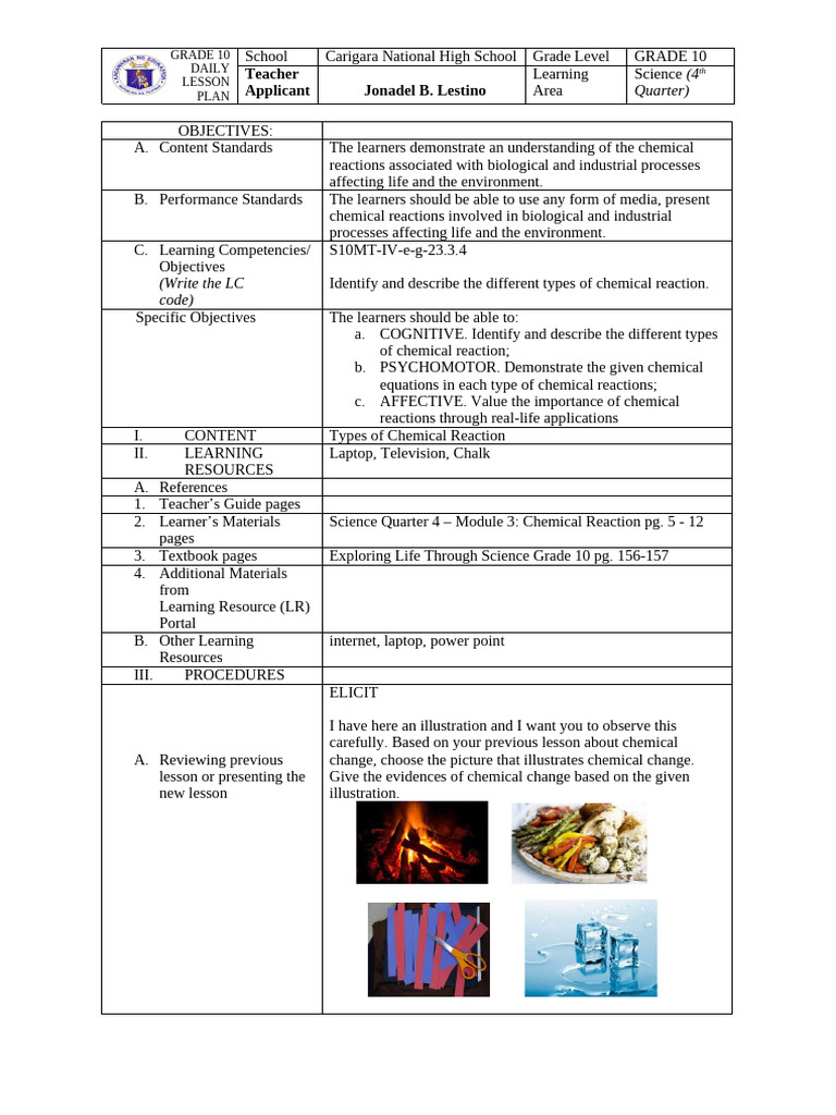 Grade 10 Science Lesson Plan: Chemical Reactions | PDF | Chemical ...