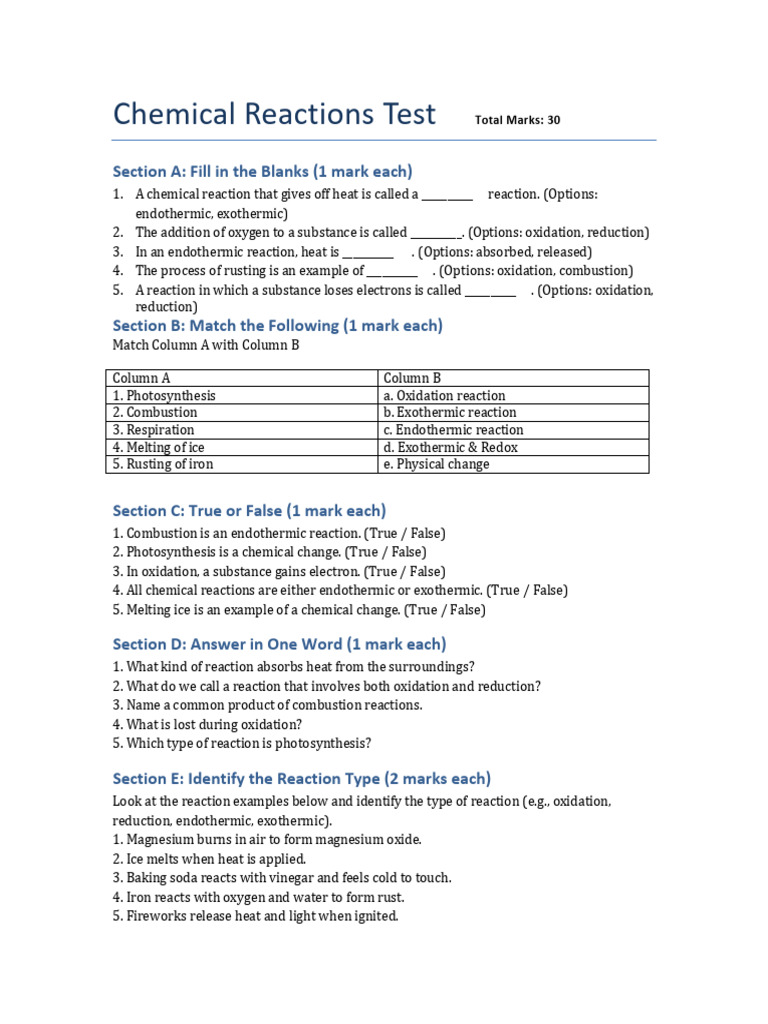 Chemical Reactions Assessment | PDF