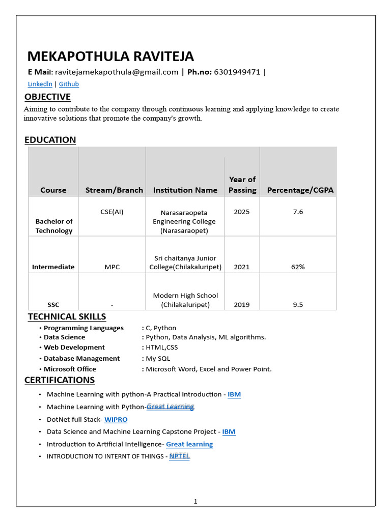 Semi Resume of Raviteja | PDF | Artificial Intelligence | Intelligence (AI) & Semantics