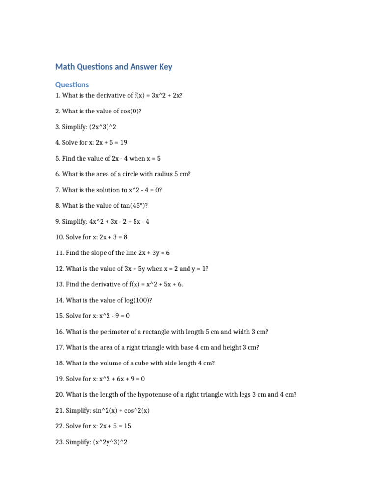 Math Questions with Answer Key | PDF