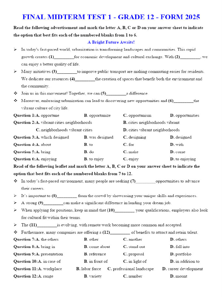 Test 1 Grade 12 Form 2025 | PDF