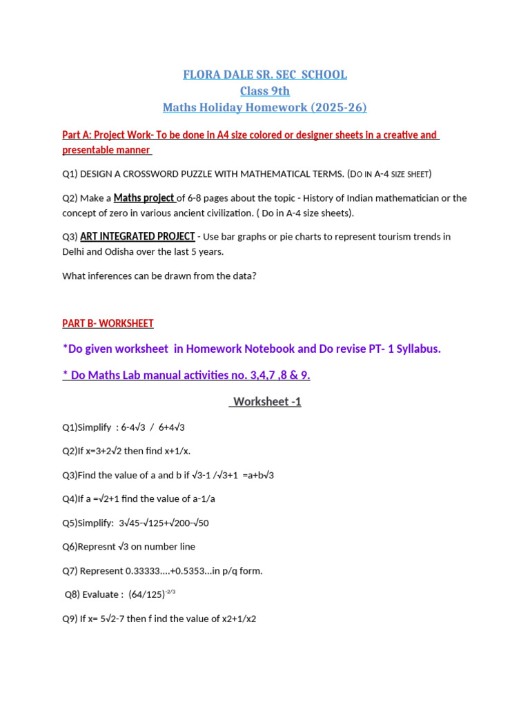 Aes Webdocument20250623115053 CLASS 9 Maths Holiday Homework 31052025 095340 | PDF | Numbers ...
