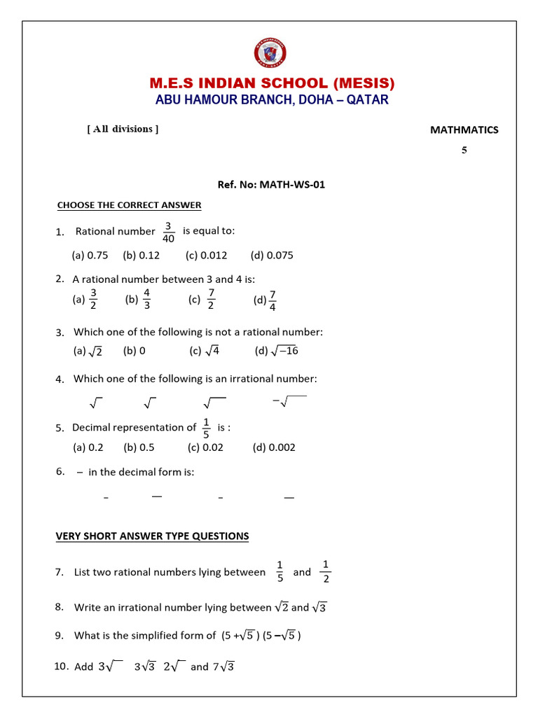Grade 9 Math WS01 Number System | PDF | Numbers | Square Root