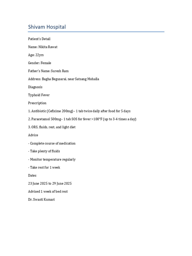 Typhoid Prescription for Nikita Rawat | PDF