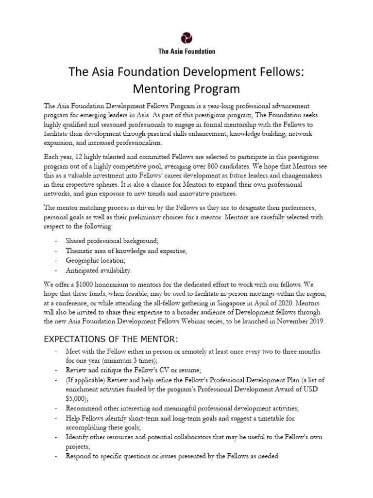 Asia Foundation Development Fellows-Mentoring Handout (For Mentors) 2019 | PDF | Mentorship