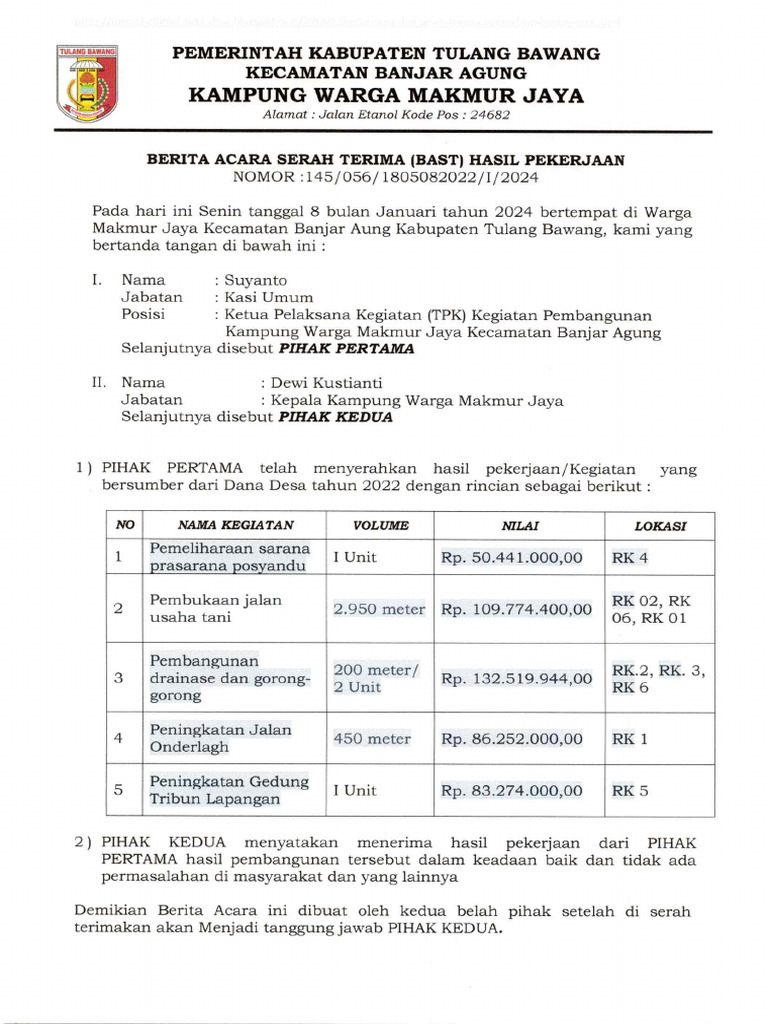 Berita Acara Serah Trima Hasil Pekerjaan Kampung Warga Makmur Ja | PDF