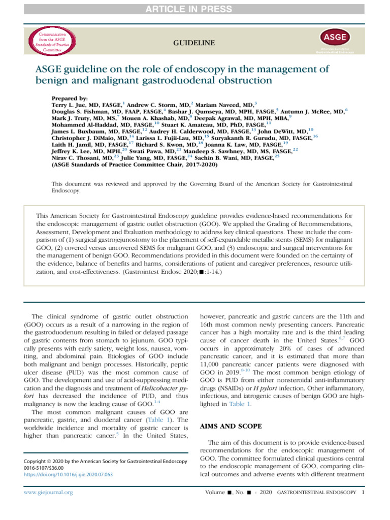ASGE Guideline On The Role of Endoscopy in The Management of Benign and ...