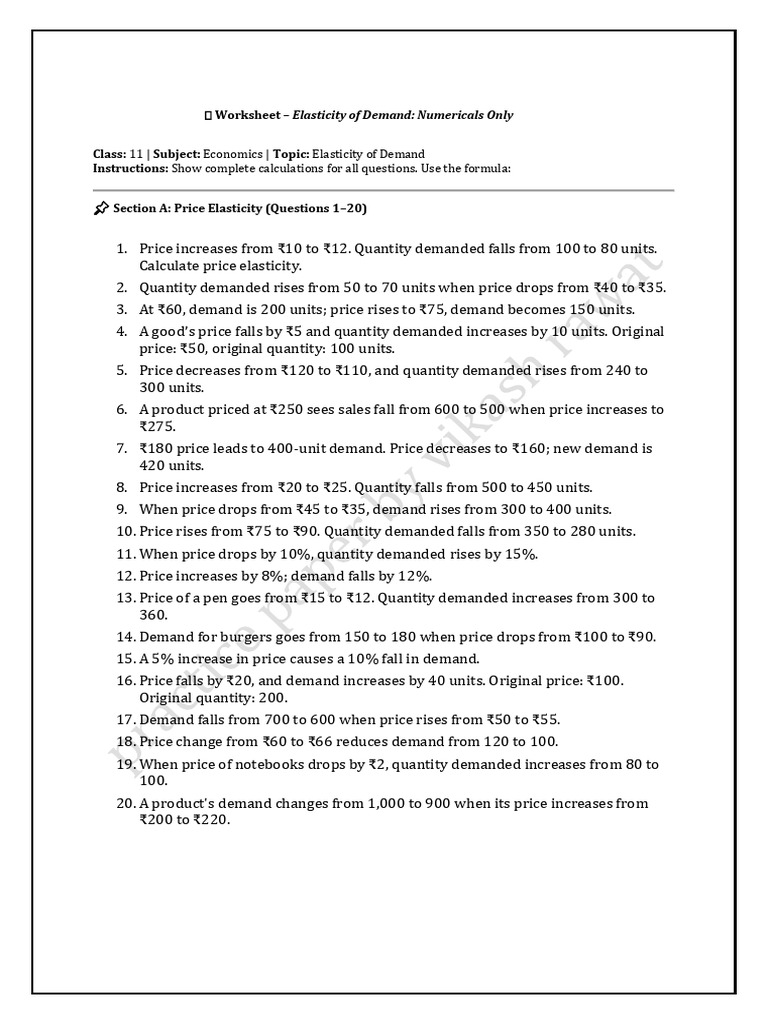 ? Worksheet Elasticity of The Demand | PDF