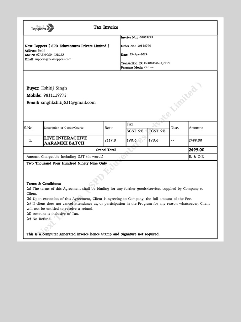 Live Interactive Aarambh Batch - Invoice | PDF | Taxation | Government Finances