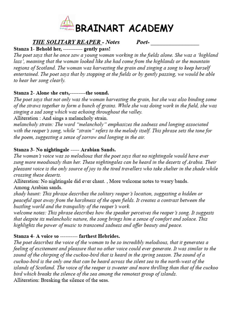 The Solitary Reaper: Stanza Analysis | PDF