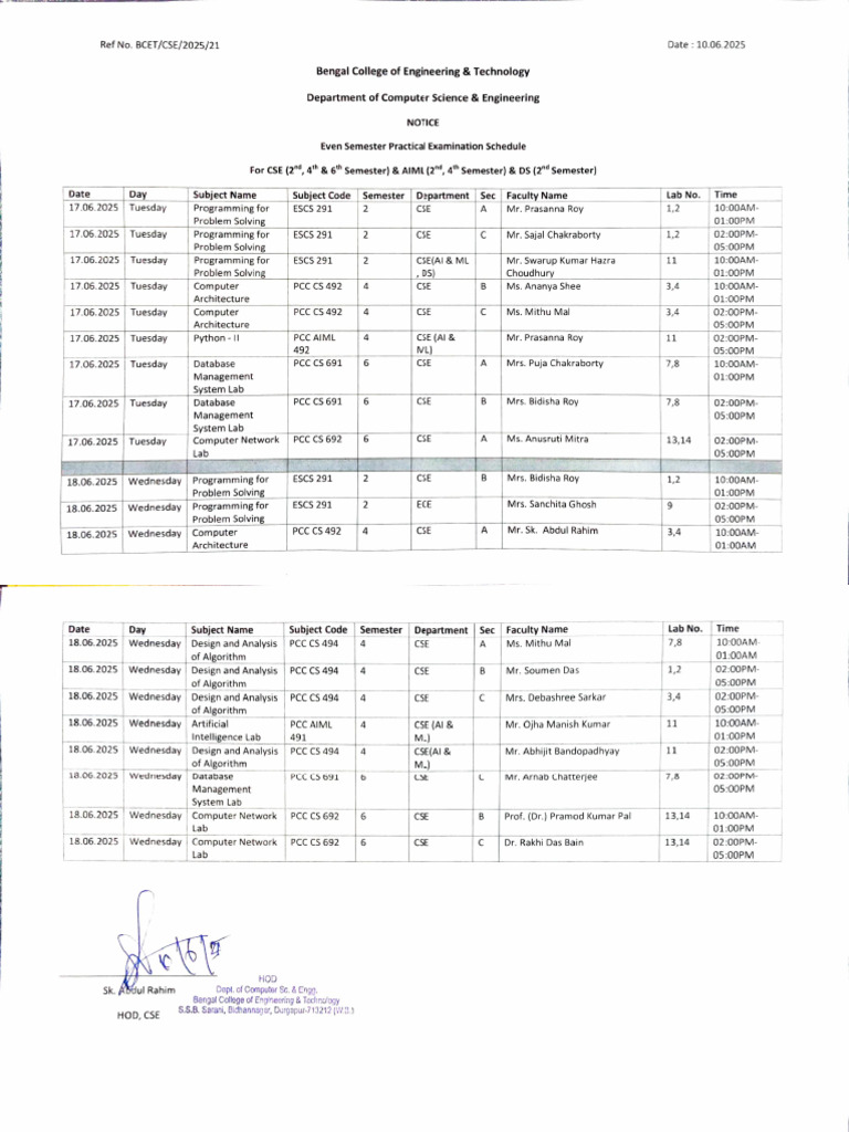 Even Semester Practical Examination Schedule | PDF | Computing ...