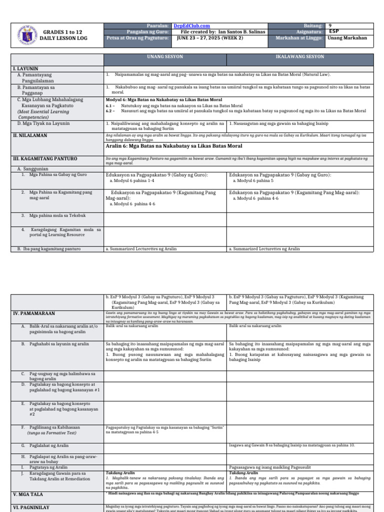 DLL - Esp 9 - Q1 - W2 | PDF