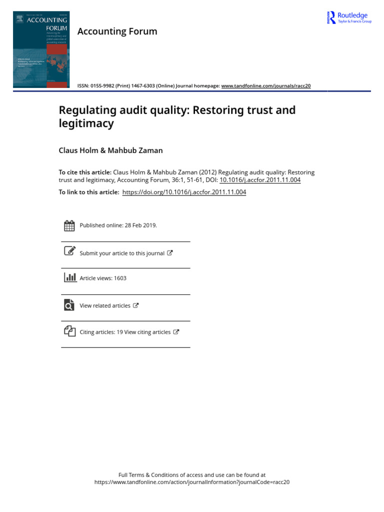 Regulating Audit Quality Restoring Trust and Legitimacy | PDF | Audit ...