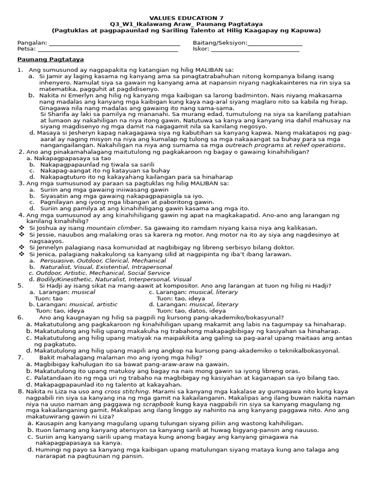 Q3 W1 Day2 Paunang-Pagtataya 1 | PDF