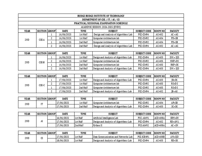 Practical - Sessional Examination Schedule - Odd - 2024!25!4th Sem - XLSX - Google Sheets | PDF ...