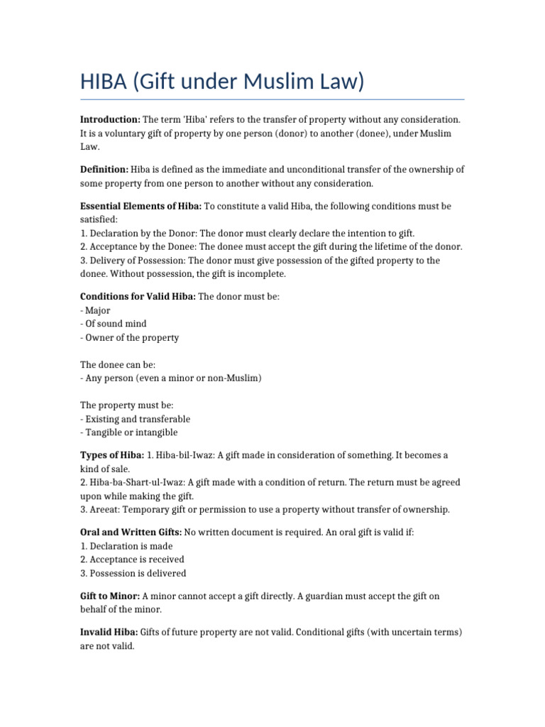 Hiba Gift Under Muslim Law Notes | PDF
