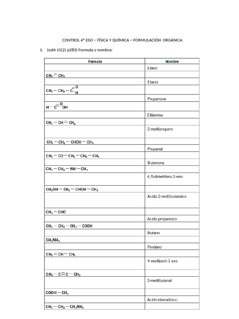 Control 4º Eso - Formulación Organica Completa | PDF