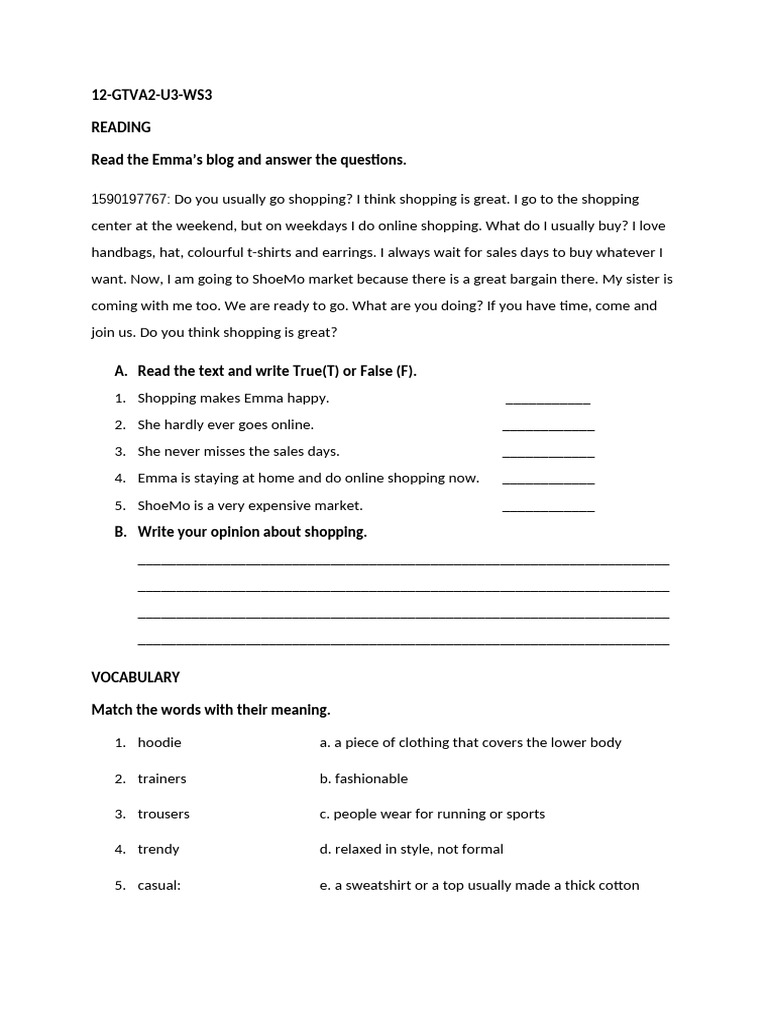 12 Get Involved A2 U3 Ws3 Sheet | PDF | Fashion | Clothing