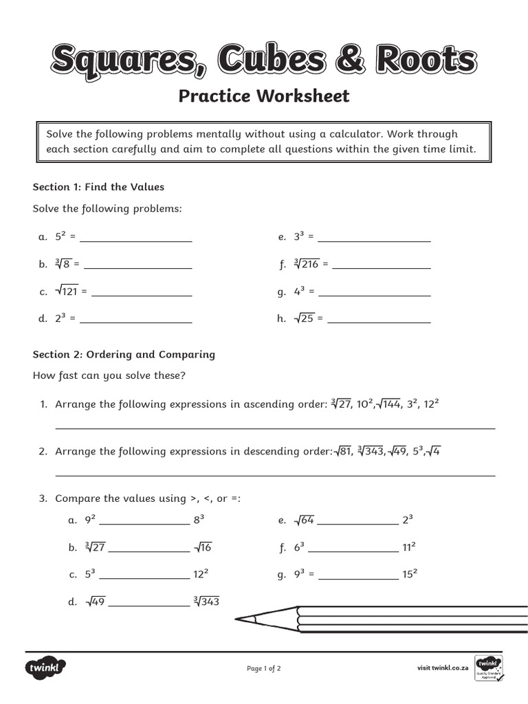Za M 1739025746 Grade 7 Squares Cubes Roots Practice Worksheet Ver 1 | PDF | Exponentiation ...