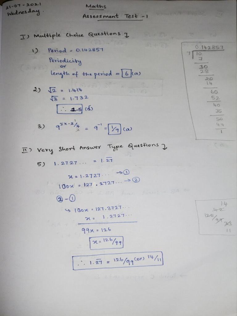 Assessment Test I: Multiple Choice & Short Answers | PDF