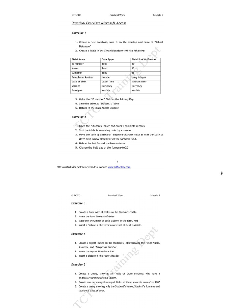 Practical Exercises Microsoft Access | PDF
