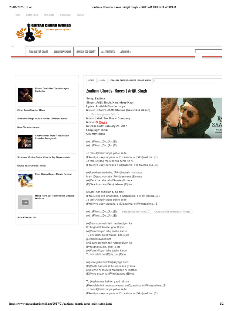 Zaalima Chords from Raees | PDF