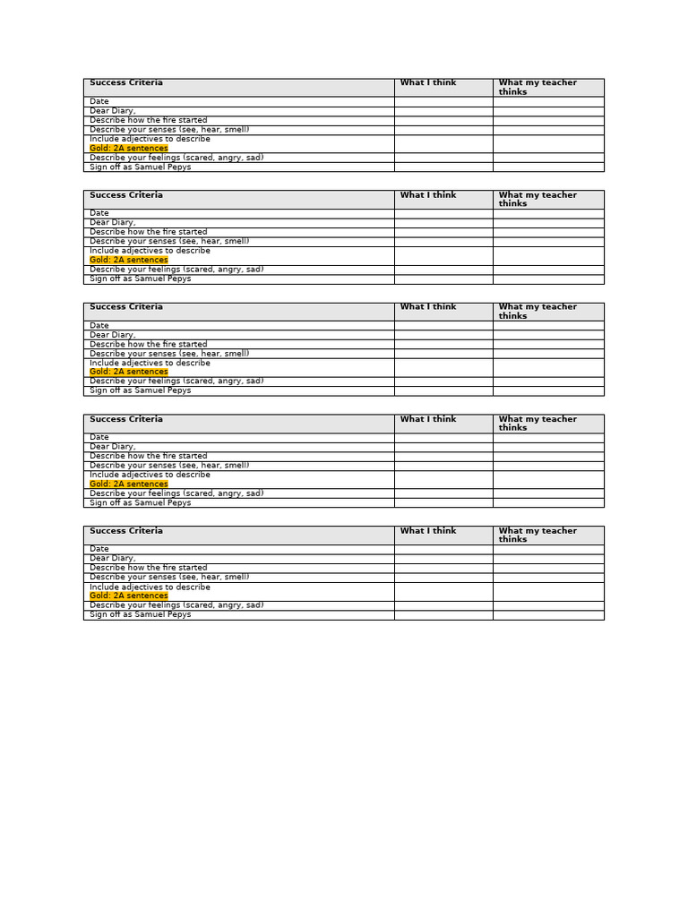 Success Criteria Diary Entry | PDF