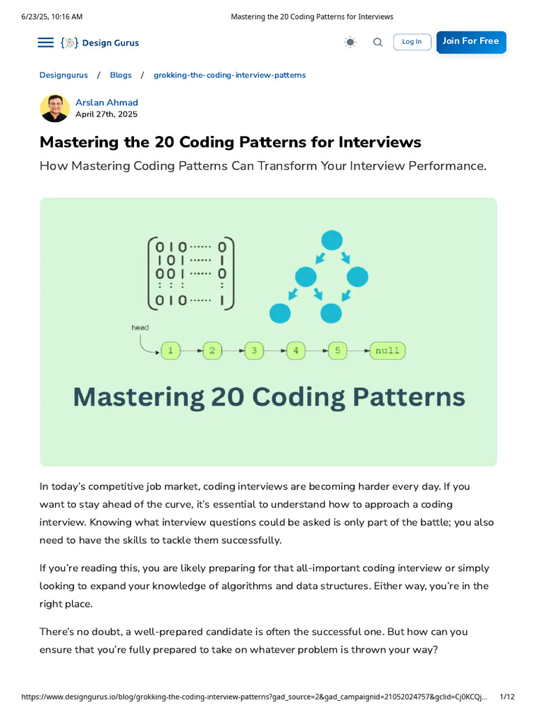 Mastering 20 Patterns For Interviews Pdf Pointer Computer Programming Computer Programming