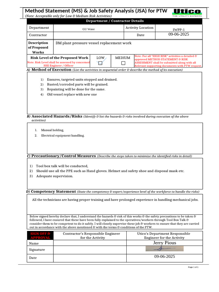 Method Statement - Work Permit | PDF | Working Conditions | Safety