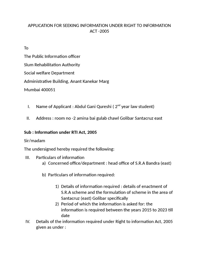 Application For Seeking Information Under Right To Information Act | PDF | Public Law | Social ...