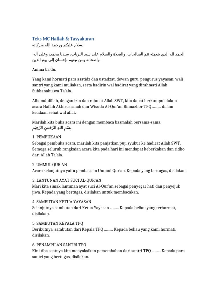 Teks MC Haflah Tasyakuran Revisi | PDF