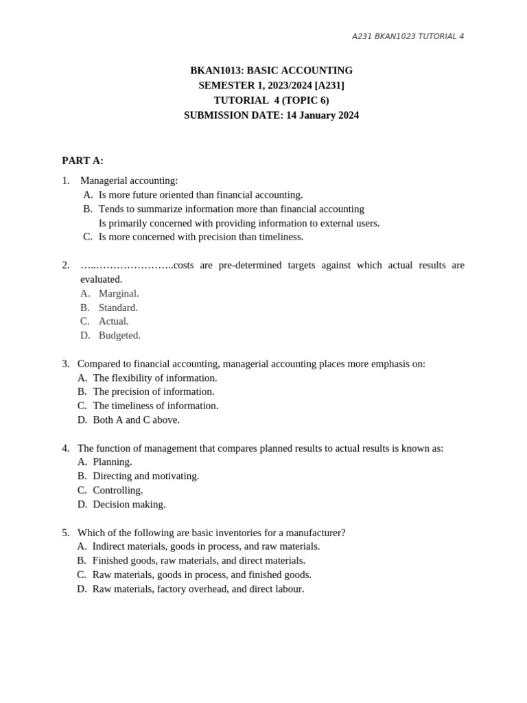 Tutorial 4 (Managerial Accounting, 31 Dec 2023) | PDF | Cost Of Goods ...