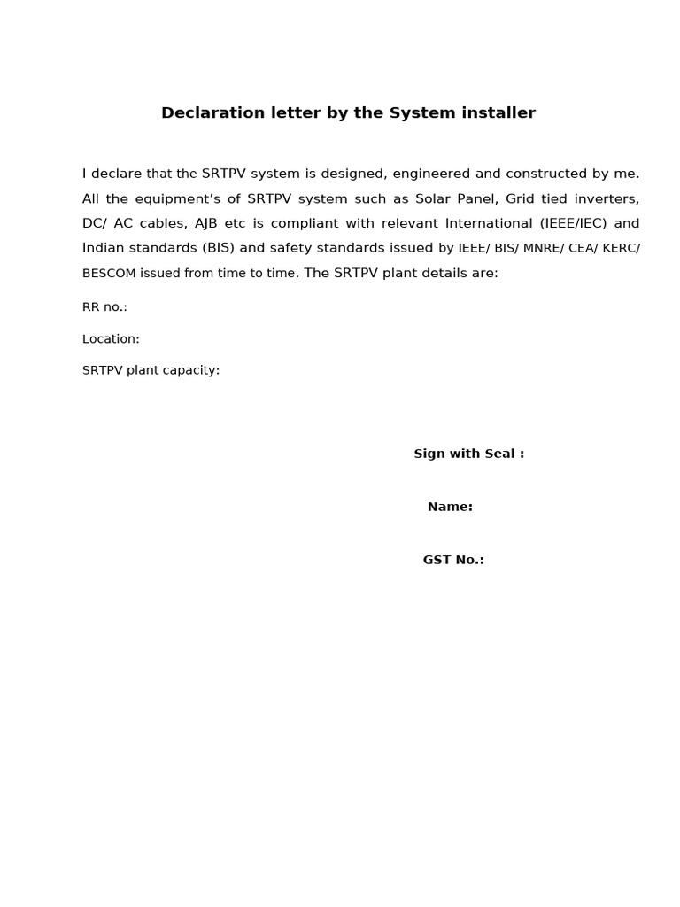 SRTPV System Declaration Letter | PDF