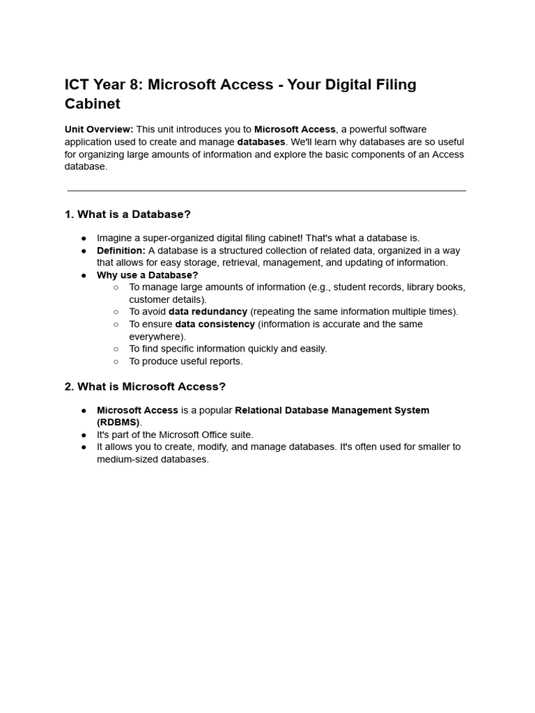 ICT Year 8 - Microsoft Access - Your Digital Filing Cabinet | PDF | Databases | Relational Database