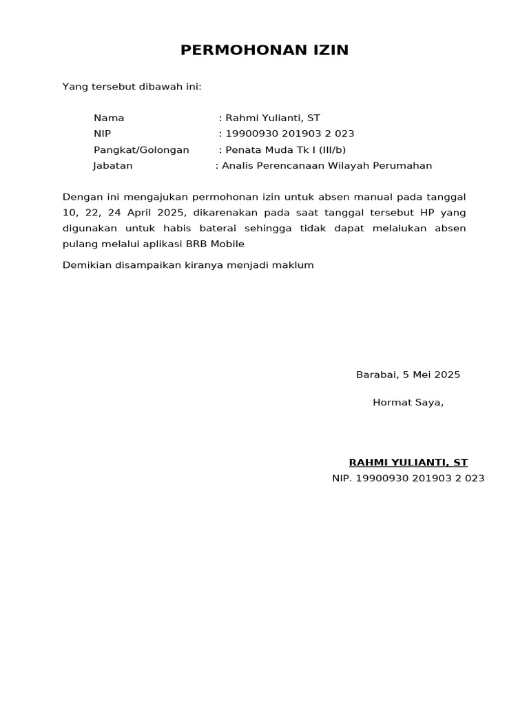 Permohonan Izin Absen Rahmi Yulianti | PDF