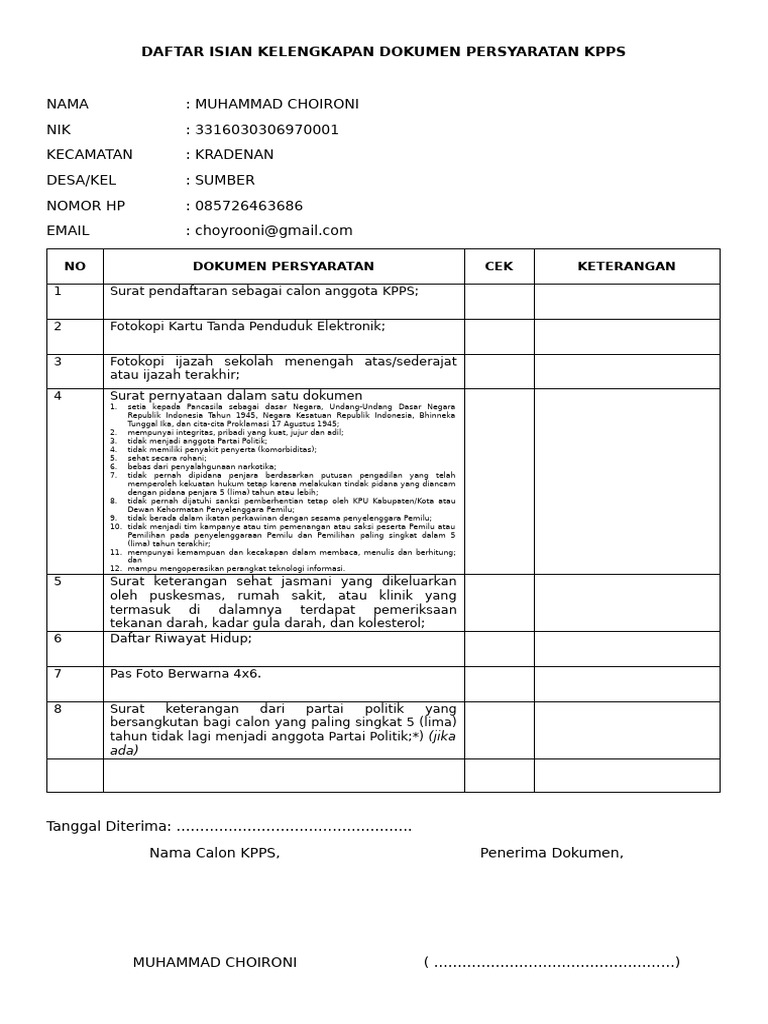 Daftar Isian Kelengkapan Dokumen Persyaratan KPPS | PDF
