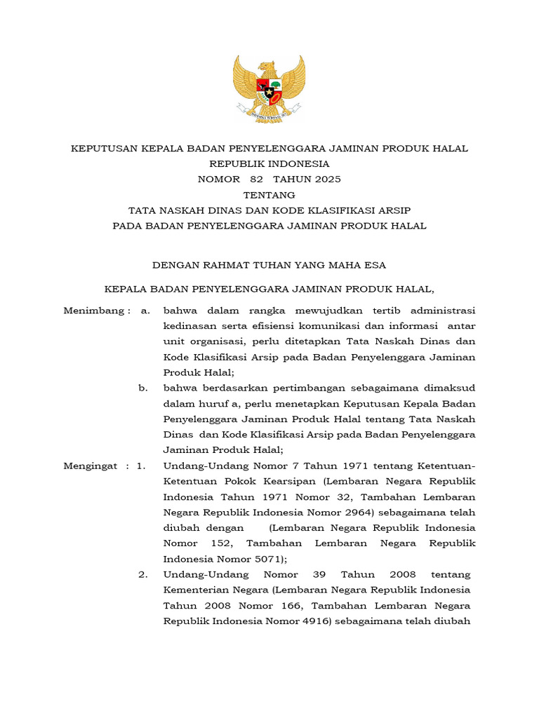 Kepkaban 82 TH 2025 Tata Naskah Dinas BPJPH | PDF