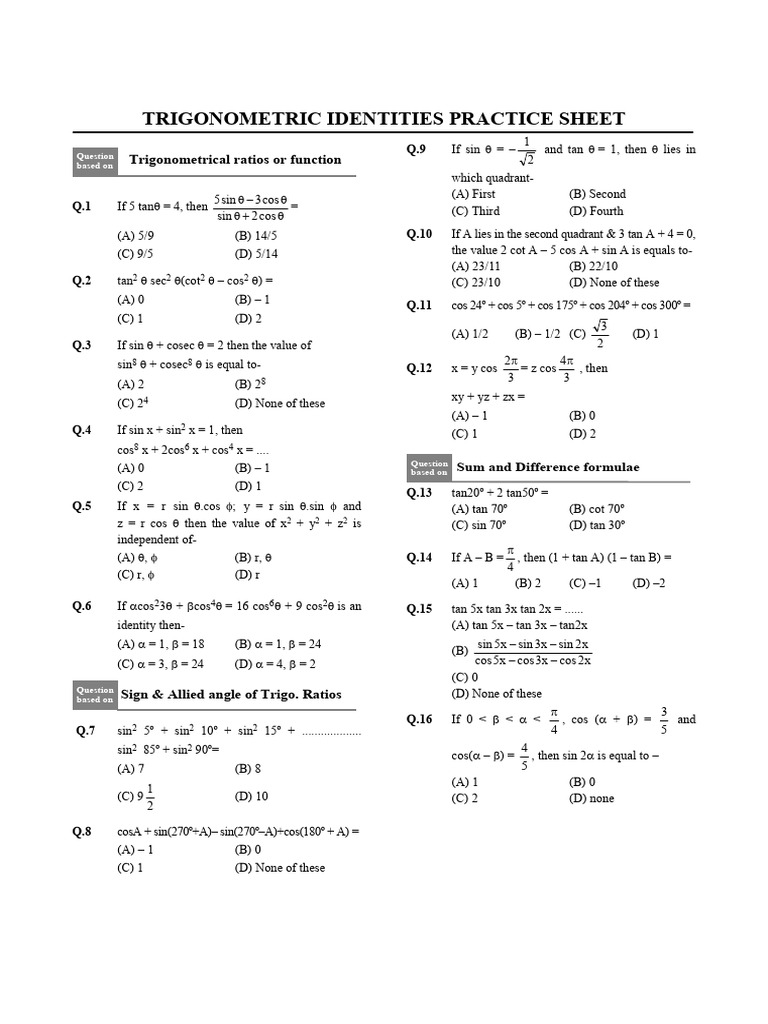 Trigonometric Identities Practice Sheet | PDF | Trigonometry ...