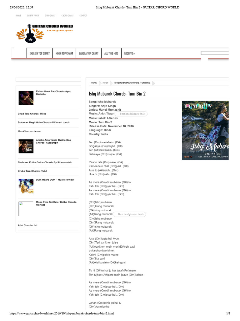 Ishq Mubarak Chords for Tum Bin 2 | PDF