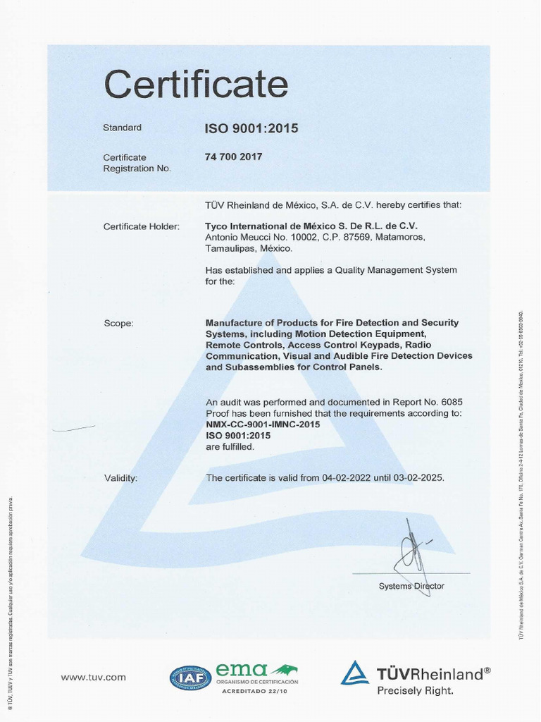 ISO 9001-2015 Certificado para Tyco International de Mexico Planta 2 | PDF