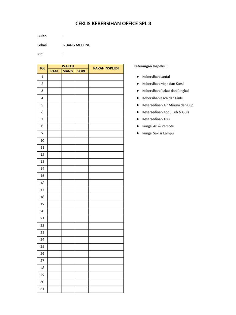 Form Ceklis Kebersihan Ruang | PDF
