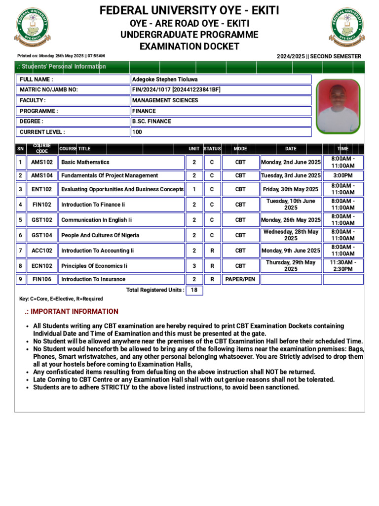 Course Registration Form - Adegoke Stephen Tioluwa - SECOND Semester ...