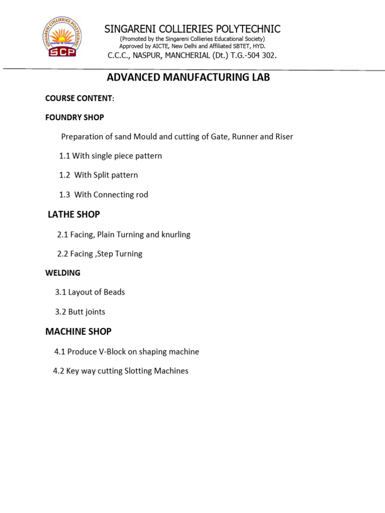 Advanced Manufacturing Lab: Singareni Collieries Polytechnic | PDF
